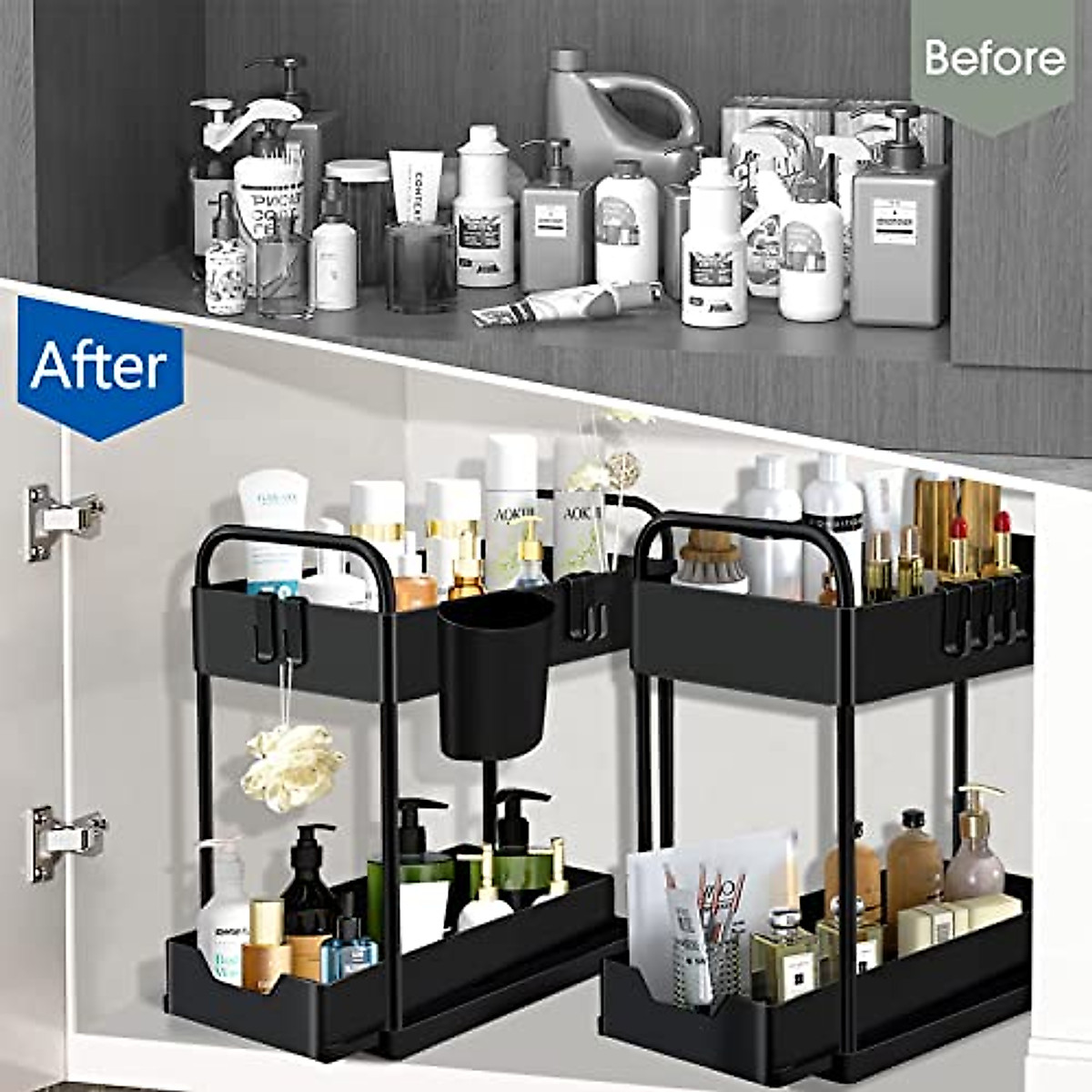 Under Sink Organizer, Sliding Cabinet Basket Organizer 2 Tier Under Bathroom Organizer with Hooks, Hanging Cup, Multi-purpose Under Sink Organization and Storage for Bathroom Kitchen