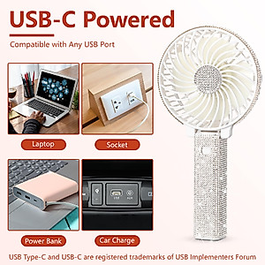 Mudder Crystal Bling Rhinestone Mini Handheld Fan Portable Usb Rechargeable Fan Battery Operated Small Folding Personal Fan for Girls Women Outdoor Travel Indoor Makeup Office (White,Classic Style)