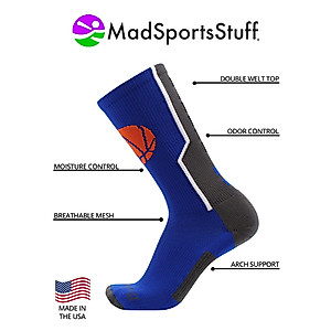 MadSportsStuff Baller Basketball Logo Crew Socks (Royal/White, Small)