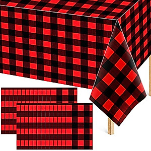 12 Pieces Plastic Checked Picnic Tablecloth Rectangle Disposable Gingham Table Cloth Waterproof Camping Table Covers for Barbecue Holiday Birthday Parties, 54 x 108 Inch, Red Checkered