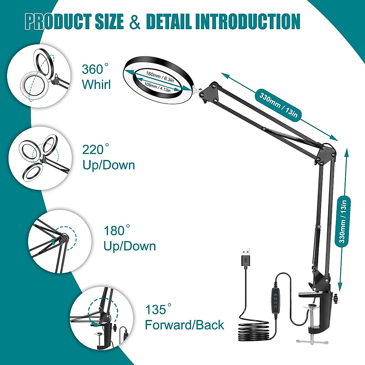 Magnifying Glass with Light and Stand,5X&10x Real Glass Desktop Magnifier with Light,3 Color Stepless Dimmable Adjustable Swing Arm Lighted Magnifying Desk Lamp for Close Work,Crafts,Sewing,Soldering