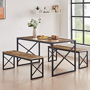 VECELO Kitchen Table with 2 Benches for 6,Wood Dining Room Dinette Sets with Metal Frame for Breakfast Nook and Small Space, 55", Brown