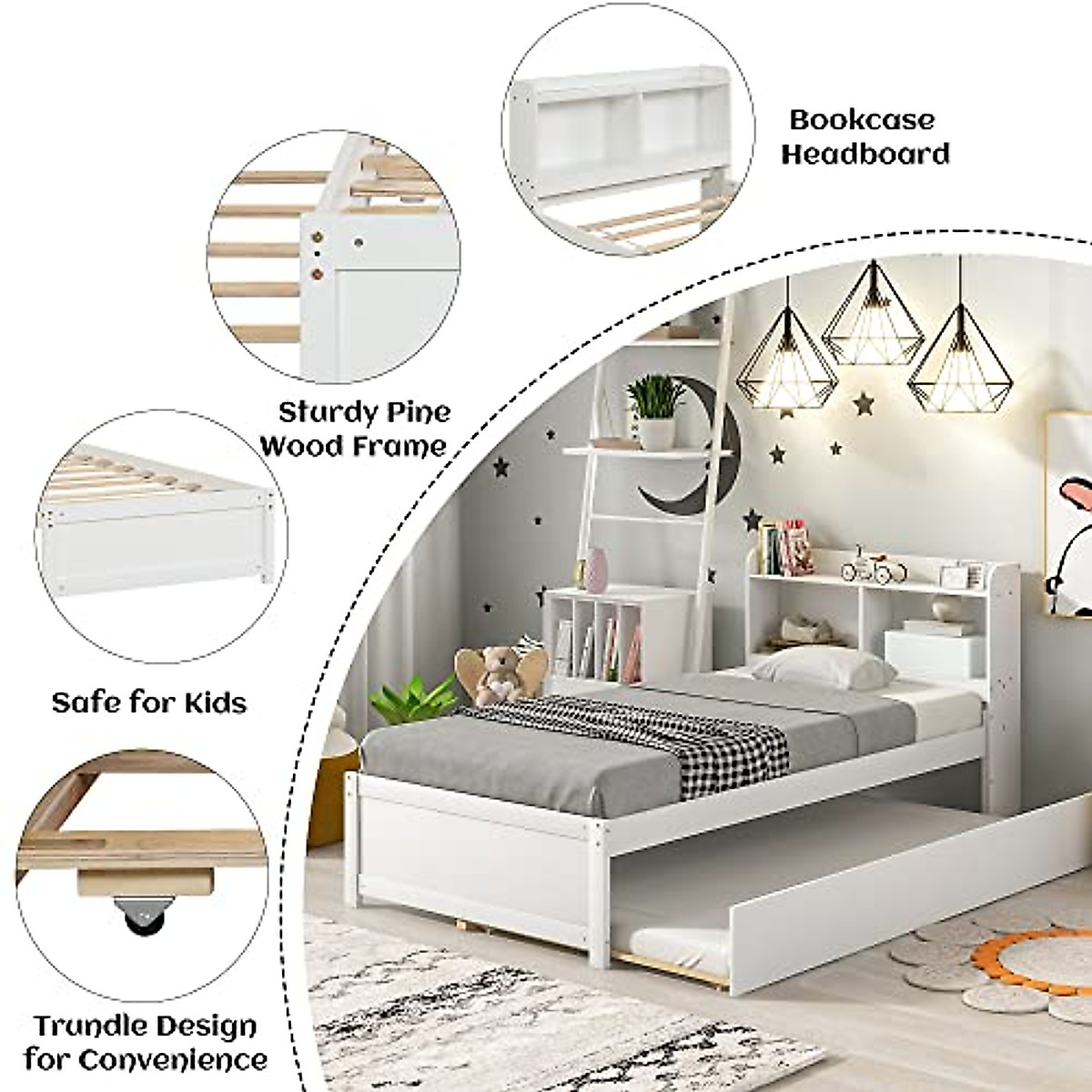 Olela Twin Bed with Trundle Bookshelf, Platform Twin Bed with Trundle with Bookcase Storage for Girls Boys, No Need Box Spring (White)