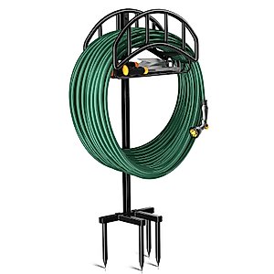 Kesfitt Garden Hose Holder,Detachable Water Hose Holders Freestanding with Tool Storage Basket,4 Spikes Heavy Duty Metal Hose Stand Hanger,Garden Hose Storage Rack for Outside Lawn Yard