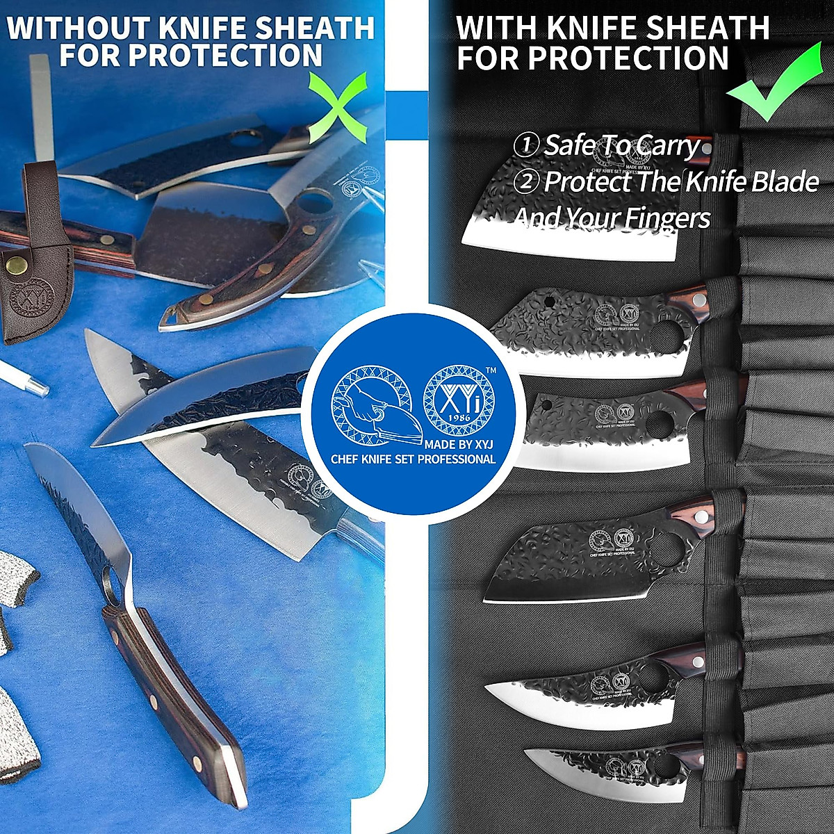 XYJ FULL TANG Camping Knives Set Chinese Butcher Vegetable Chef Knives Slice Boning Knives With Leather Sleeves&Roll Bag&Kitchen Tools