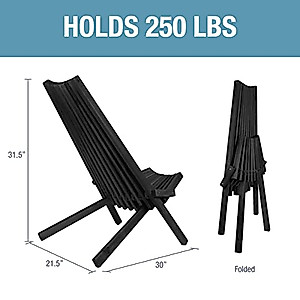 CleverMade Tamarack Folding Wooden Outdoor Chair -Stylish Low Profile Acacia Wood Lounge Chair for the Patio, Porch, Lawn, Garden, Assembly Required, Black