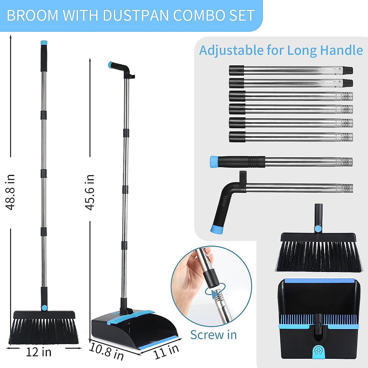 VOOWO Broom with Dustpan Combo Set, Broom and Dustpan Set for Home, Kitchen Broom for Sweeping Indoor Outdoor, Dust Pan with Long Handle, Broom with Dustpan for Office Lobby Floor Cleaning (Blue)