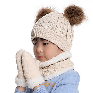 Duoyeree Baby Winter Hat Warm Scarf Gloves Set Pom Knitted Beanie Mitten Scarves for Toddler Girl Boy Beige