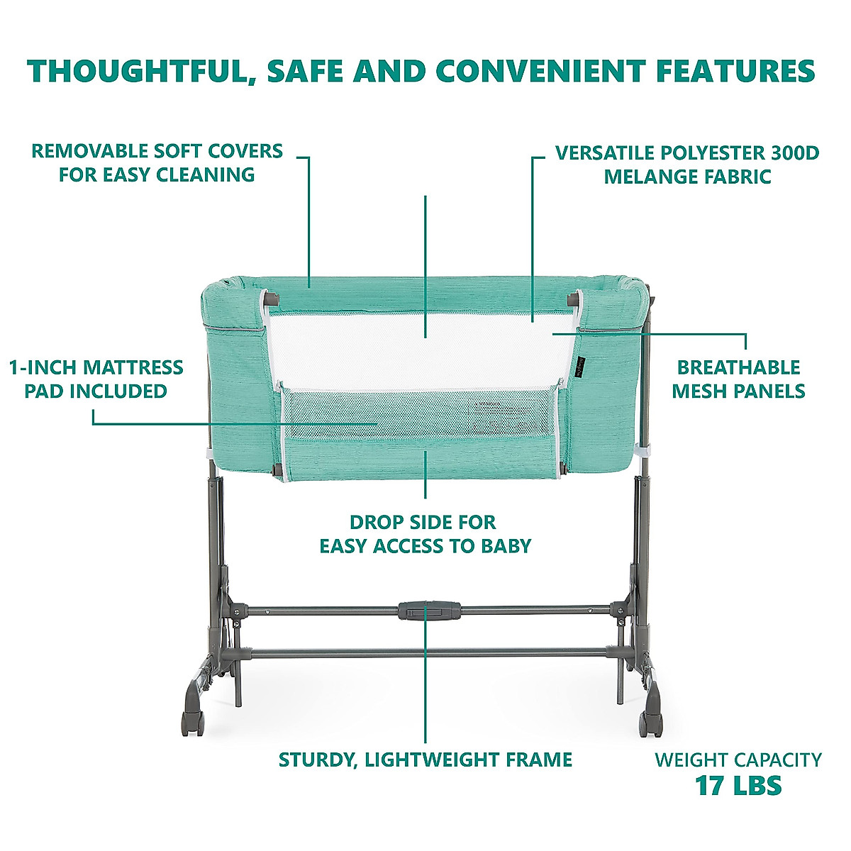 Dream On Me Zimal Bassinet and Bedside Sleeper in Mint, Lightweight and Portable Baby Bassinet, Breathable Mesh Panels, Easy to Fold and Carry Travel Bassinet, JPMA Certified