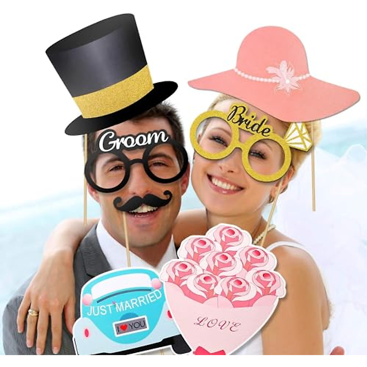 Wedding Photo Booth Props Kit, Konsait Bridal Shower Photo Booth Prop with Wooden Dowels for Wedding Shower Party Supplies (52 Counts)