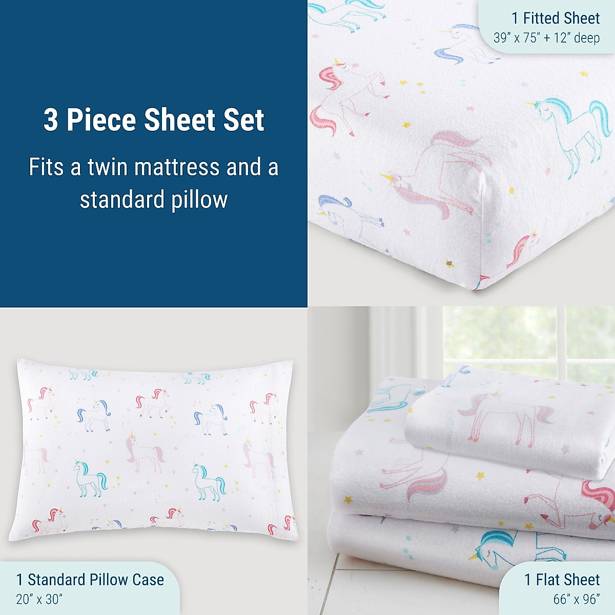 Wildkin Kids 100% Cotton Flannel Twin Sheet Set for Boys & Girls, Bedding Set Includes Fitted Sheet, Top Sheet & Pillow Case, Bed Sheets for Cozy Cuddle (Unicorn)
