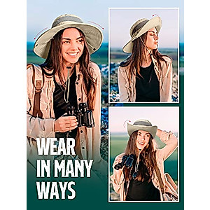 Sun Hat with Two Ponytail Hole for Women, Womens UV Protection Wide Brim Foldable Waterproof Beach Bucket Fishing Safari Hat
