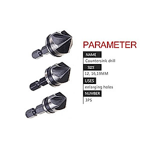 Rocaris 3 Piece 1/4" Hex 12/16/19mm Countersink Bore Set for Wood Metal Quick Change Bit