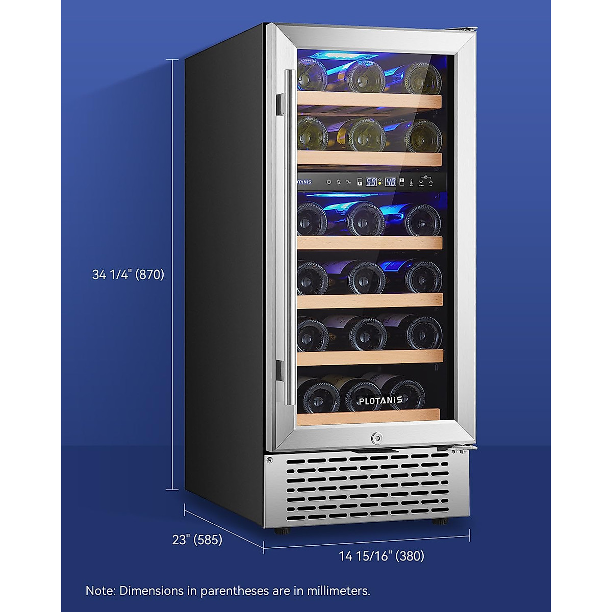 Plotanis 15 Inch Wine Fridge Dual Zone 28 Bottles Under Counter Wine Cooler Refrigerator Built-in or Freestanding with Glass Door Safety Lock