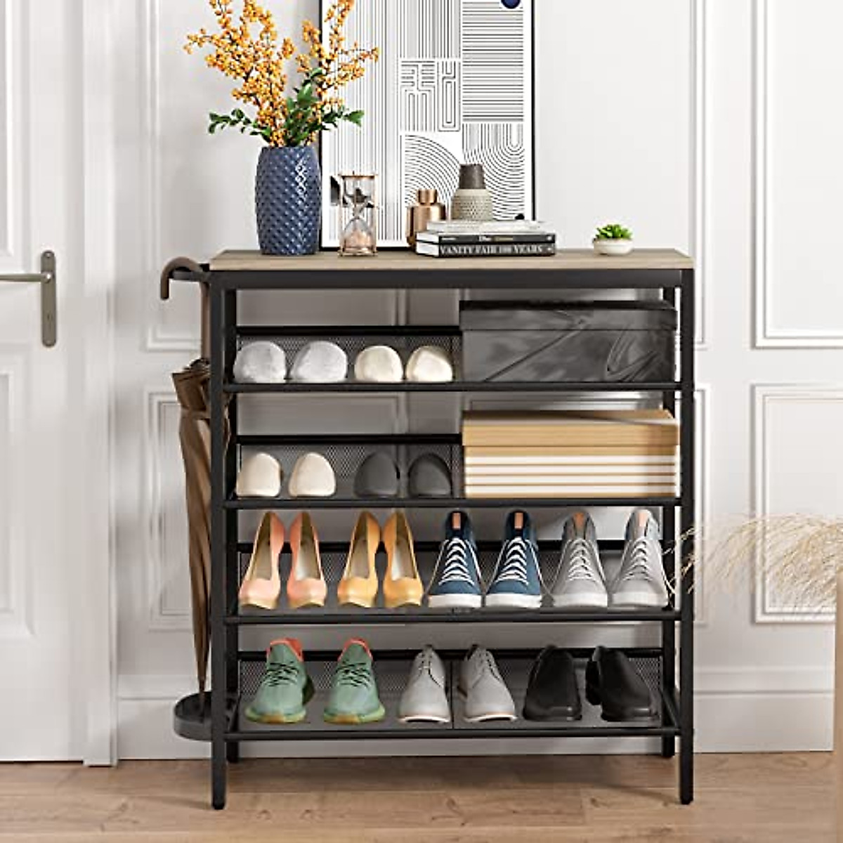 Shoe Rack for Entryway, 5-Tier Shelves Shoe Organizer Storage with Umbrella Holder Metal Frame Shoes Storage Stand for Closet, Living Room, Hallway, Doorway, Metal Frame (Washed Grey)