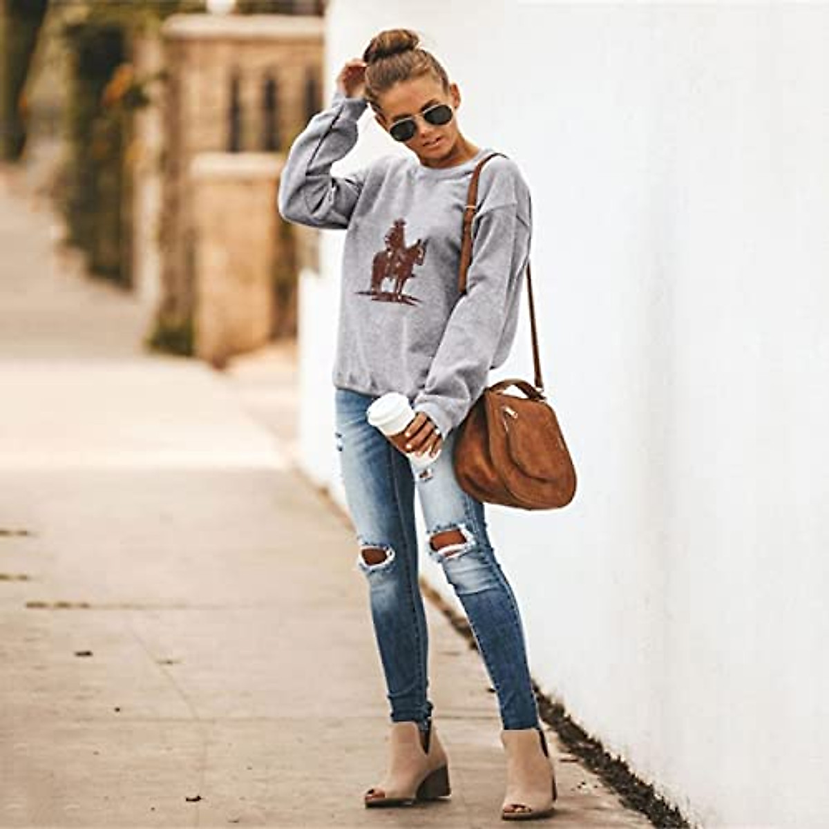 Drindf Graphic Sweatshirt for Women Long Sleeve Round Neck Casual Pullover Tops Gray