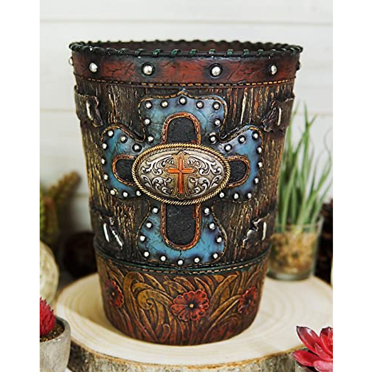 Ebros Gift Rustic Western Old World Country Blue Cross with Concho and Nailheads in Faux Distressed Wood Finish with Floral Patterns (Dry Waste Basket Trash Bin)