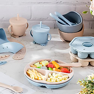 14 Pcs Baby Led Weaning Supplies Baby Feeding Set Includes Baby Plates with Suction Baby Food Freezer Tray Self Feeding Baby Utensils Silicone Bib Bowl Straw Cup for Toddler Children Eating Training