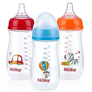 Nuby Tritan Wide Neck Non-Drip Bottles with Anti-Colic Air System: 9oz./ 270 Ml, 3 Pack, 3M+, Multi