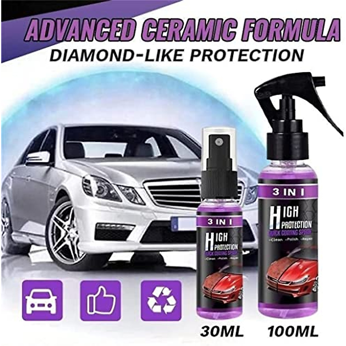 3 in 1 High Protection Quick Car Coating Spray, Ceramic Coating Fortify Quick Coat Car Wax Polish Spray for Cars, Plastic Parts Refurbish Agent, 3 in 1 high protection car coating spray (100 ML, 2PCS)