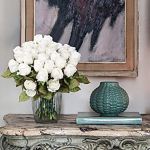 DILATATA Artificial Realistic Roses White Flowers 24" Real Touch Silk Roses Bouquet Long Stems Rose Fake Roses Decor for Home Party Wedding Table Centerpieces Roses Realistic - 5 Pcs