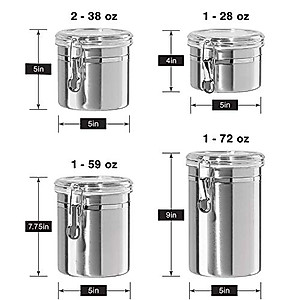 5pc Stainless Steel Canister Set with Clear Acrylic Lids & Clamp Airtight Durable & Stackable Food Storage Container for Kitchen Counter & Pantry, Tea, Sugar, Coffee, Flour, Rice, Pasta, Spices, Herbs