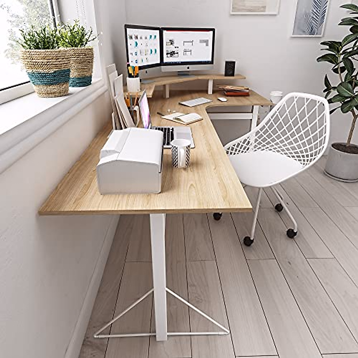 Jamesdar Computer Gaming L-Desk with Power, 35.8" H x 51.18" W x 37.8" L, White/Natural