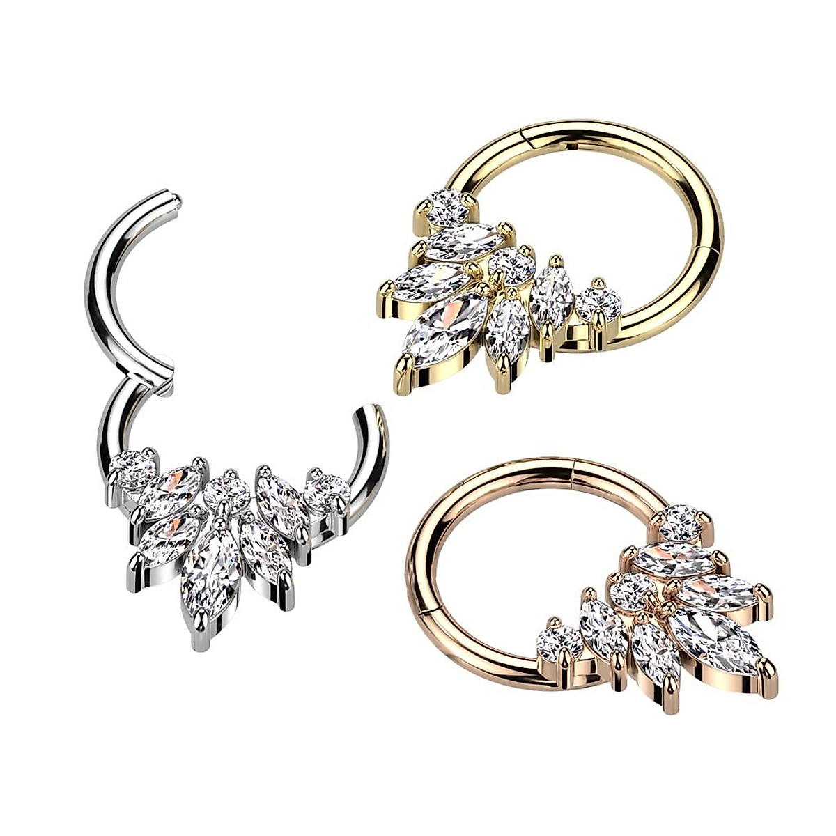 Pierced Owl 16GA 316L Stainless Steel Marquise CZ Crystal Flower Center Hinged Segment Ring (Gold Tone)