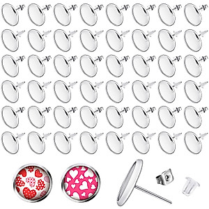 300 Pieces Stud Earring Kit Include 100pcs 12 mm Stainless Steel Blank Stud Bezel Settings 100 Rubber Backs 100 Earring Backs (Silver with Silver and Clear)