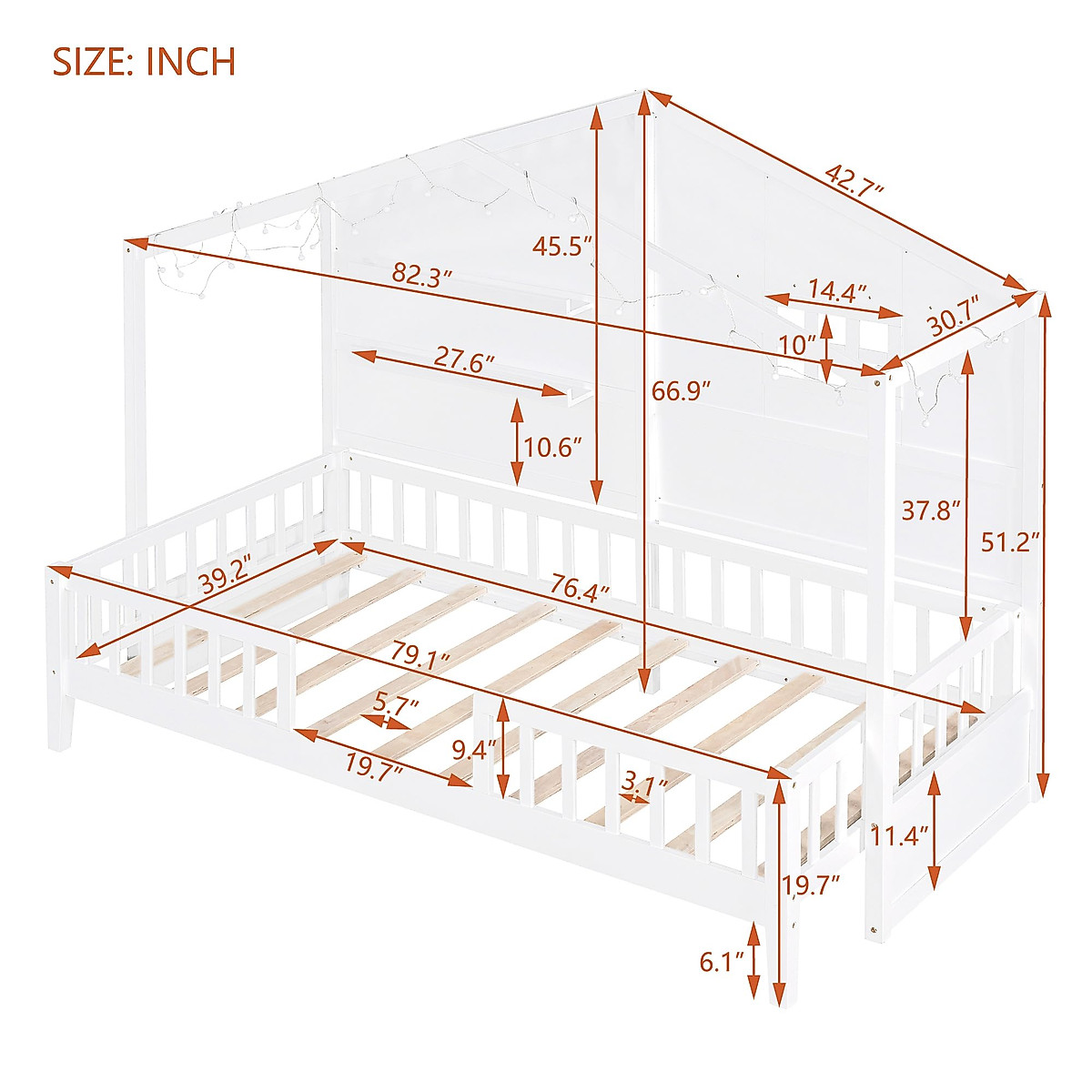 SOFTSEA Twin Size House Bed for Kids, Low Loft Bed with Storage Shelves, Wood Bed Frame with Window and Sparkling Light Stripe on The Roof, Kids Twin Bed Frame, No Box Spring Needed, White