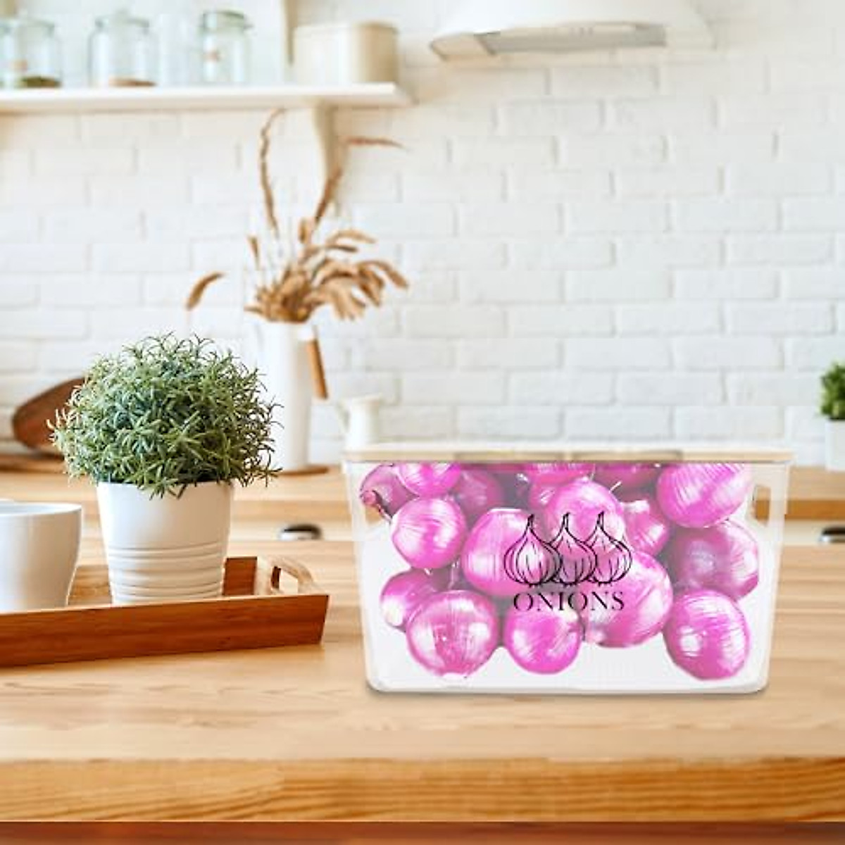 Xbopetda Onion Storage, Onion Keeper with Bamboo Lid, Transparent Acrylic Onion Storage Bin, Pantry Storage and Organization, Potato Onion Garlic Organizer Container for Kitchen Countertop - Clear