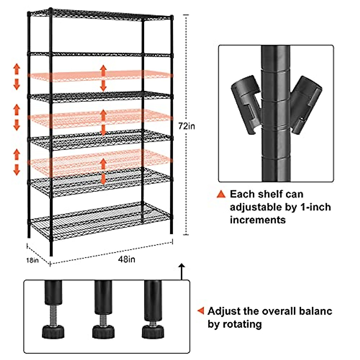 YYkokocat 6000Lbs Capacity Heavy Duty Storage Shelves Commercial Wire Shelving Unit and Storage Adjustable NSF 6 Tier Metal Rack Shelf on Wheels for Garage Basement, 76 H x 48 L x 18 D - Black