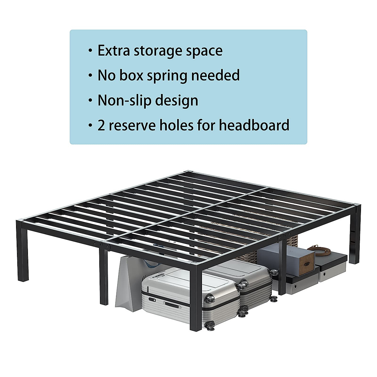 MAF Full Size Bed Frame 14 Inch Heavy Duty Metal Platform BedFrame with Black Steel Slat Support Noise Free Full-Bed-Frame, No Box Spring Needed
