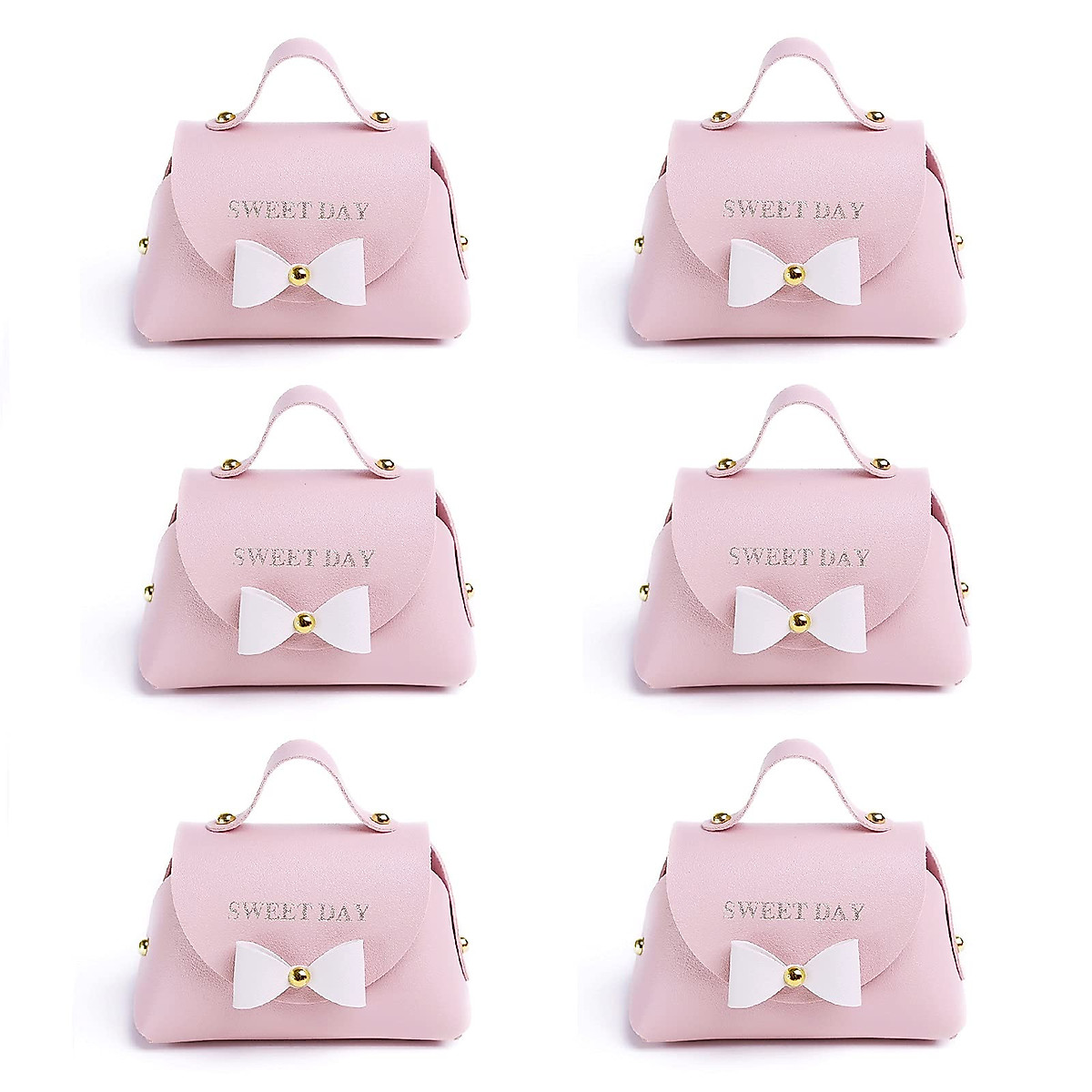 CheeseandU 6Pack Exquisite Simple Bowknot Handbag with Handle Gift Box Beautiful Pink Leather Gift Bag with White Bow Decor Wedding Candy Box Birthday Party Favor Boxes 5.1x3.15