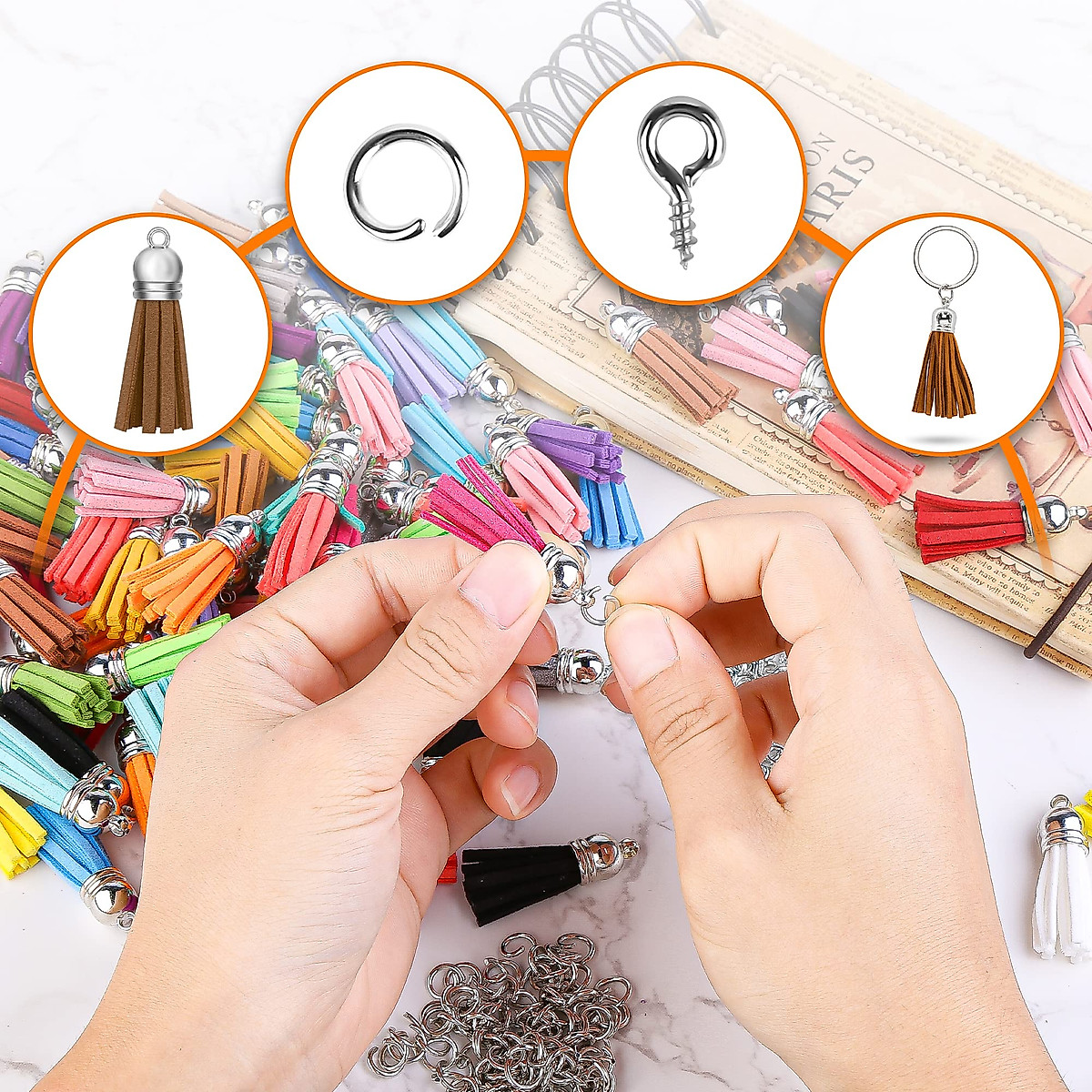 Keychain Tassels Jewelry Key Charms - 300pcs Keychain Tassels Bulk, 100pcs Key Chain Tassles, 100pcs Jump Rings, 100pcs Screw Eye Pins Hooks, Leather Tassels for Jewelry Making Crafts (Colorful)