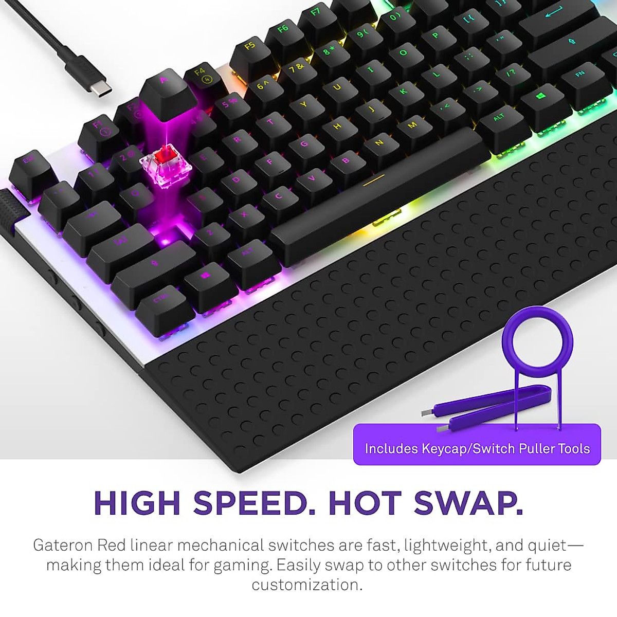 NZXT Function Full-Size Wired Gaming Keyboard – Gateron Red Mechanical Switches - Linear, Fast, and Quiet – Hot-Swappable – RGB Backlit – Aluminum Top Plate – Sound Dampening Foam – Wrist Rest – White