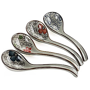 Ceramic Soup Spoons Set of 4 Porcelain Japanese Soup Spoon Long Handle Asian Soup Spoon Sets for Pho Ramen Noodles Wonton Dumpling Rice (Model 2#)