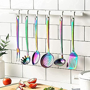 DISHWASHER SAFE Rainbow Titanium Cutlery Knife Set Kitchen Knives Sets Plug Rainbow Titanium Colorful Kitchen Utensils Set Stainless Steel Utensil Set - 6 Cooking Utensils