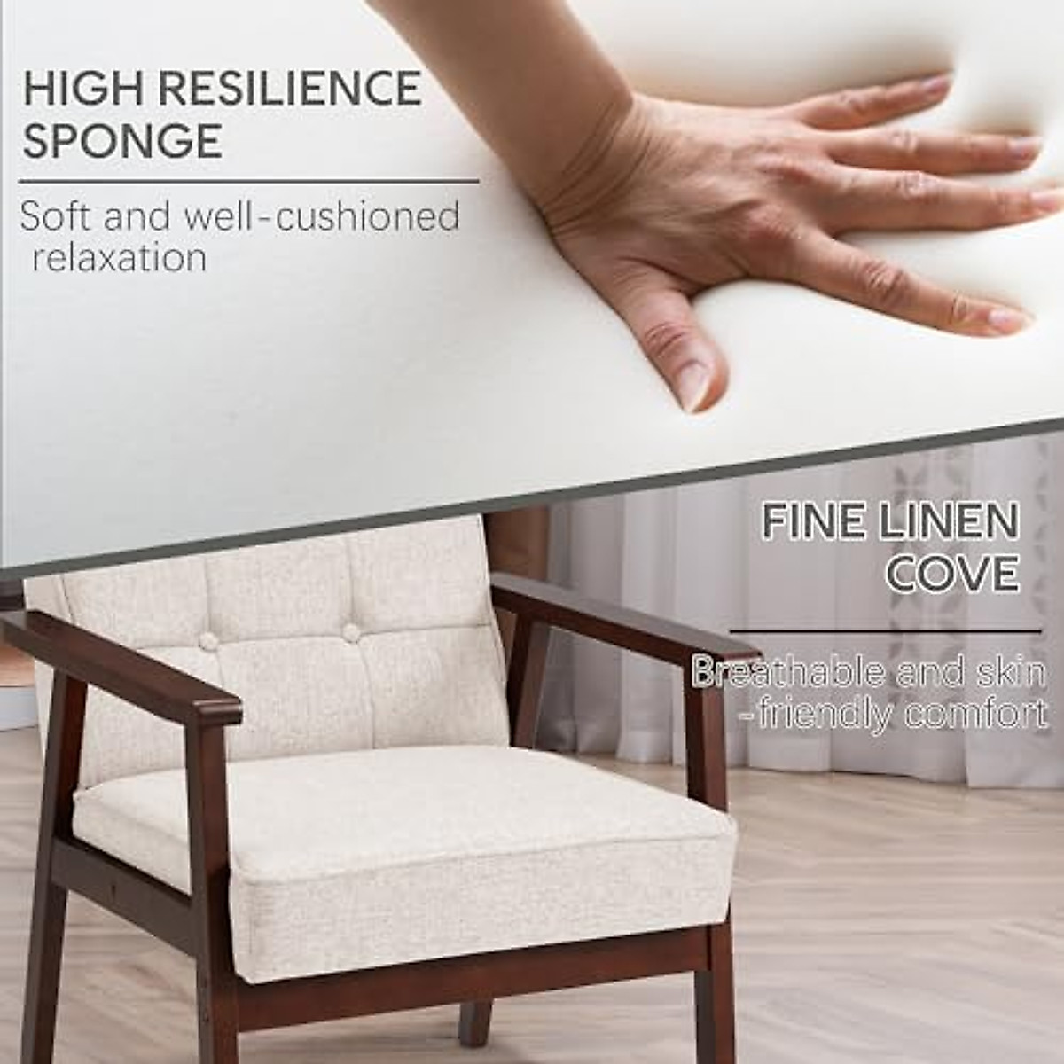 Hupmad Mid Century Accent Chair,Single Linen Upholstered Armchair with Solid Wood Frame,Wooden Side Chair Retro Lounge Sofa Leisure Chair for Living Room, Bedroom, Beige