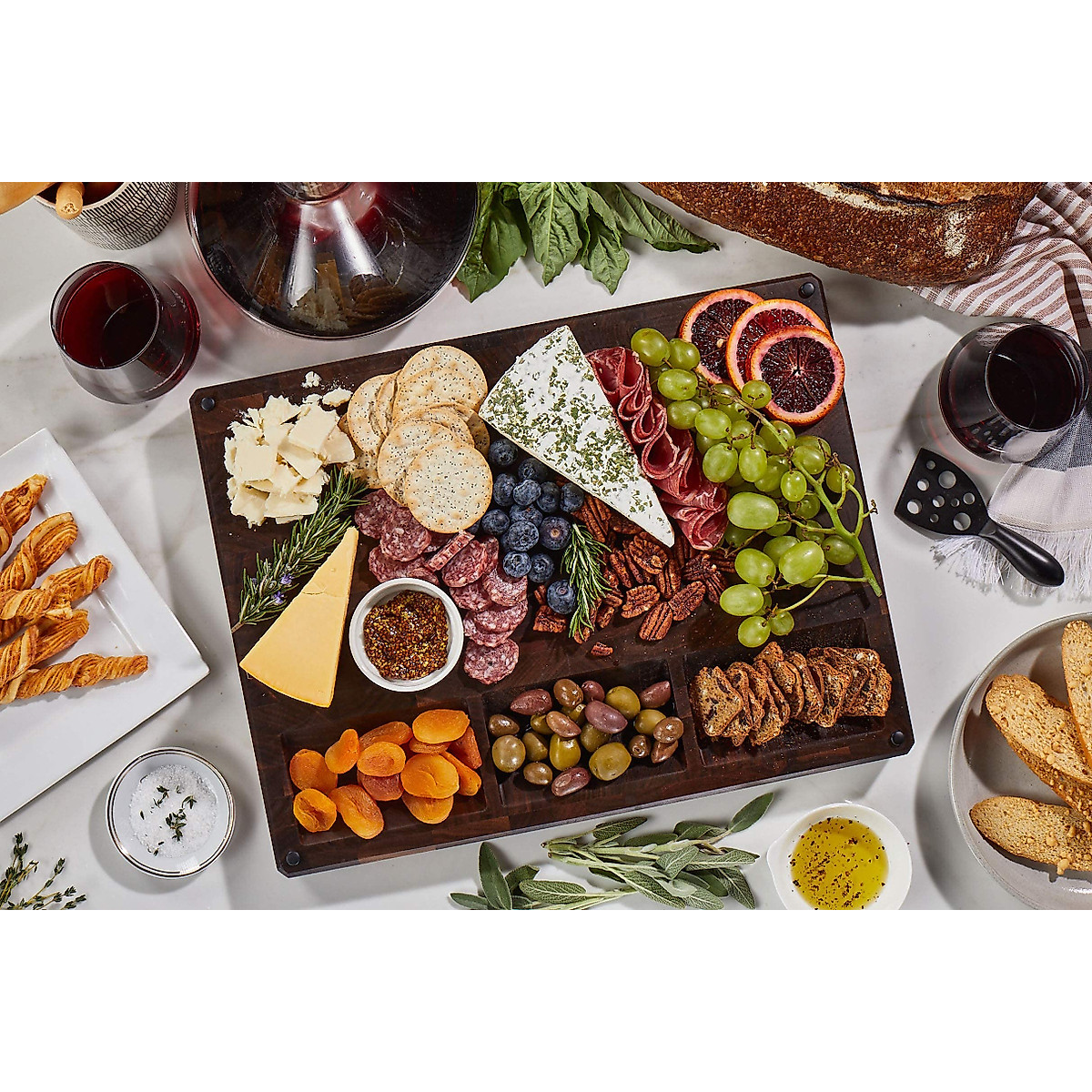 Sonder Los Angeles, Made in USA, Large Thick End Grain Walnut Wood Cutting Board with Non-Slip Feet, Juice Groove, Sorting Compartments for Kitchen 17x13x1.5 in (Gift Box Included)