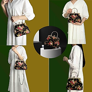 Abuyall Floral Top Handle Handbag Chain Strap Women Kiss Lock Canvas Frame Shoulder Bag Black