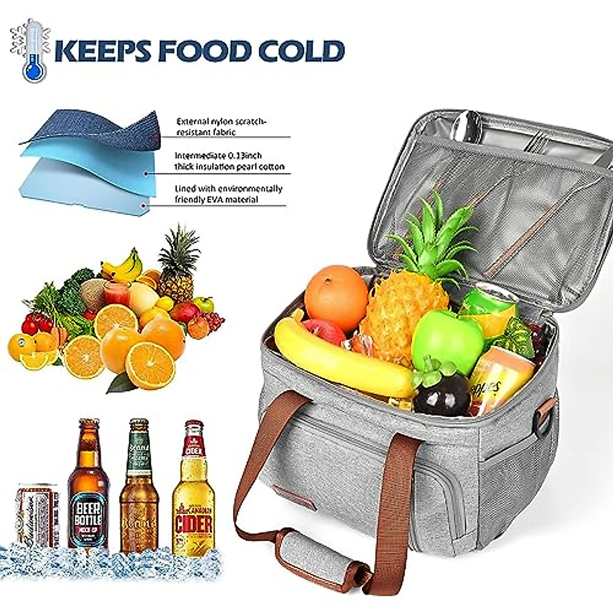 MIYCOO Insulated Lunch Bag for Women Men Reusable Lunch Box for Office Work - Leakproof Soft Adults Lunch Cooler Bag with Adjustable Shoulder Belt Grey