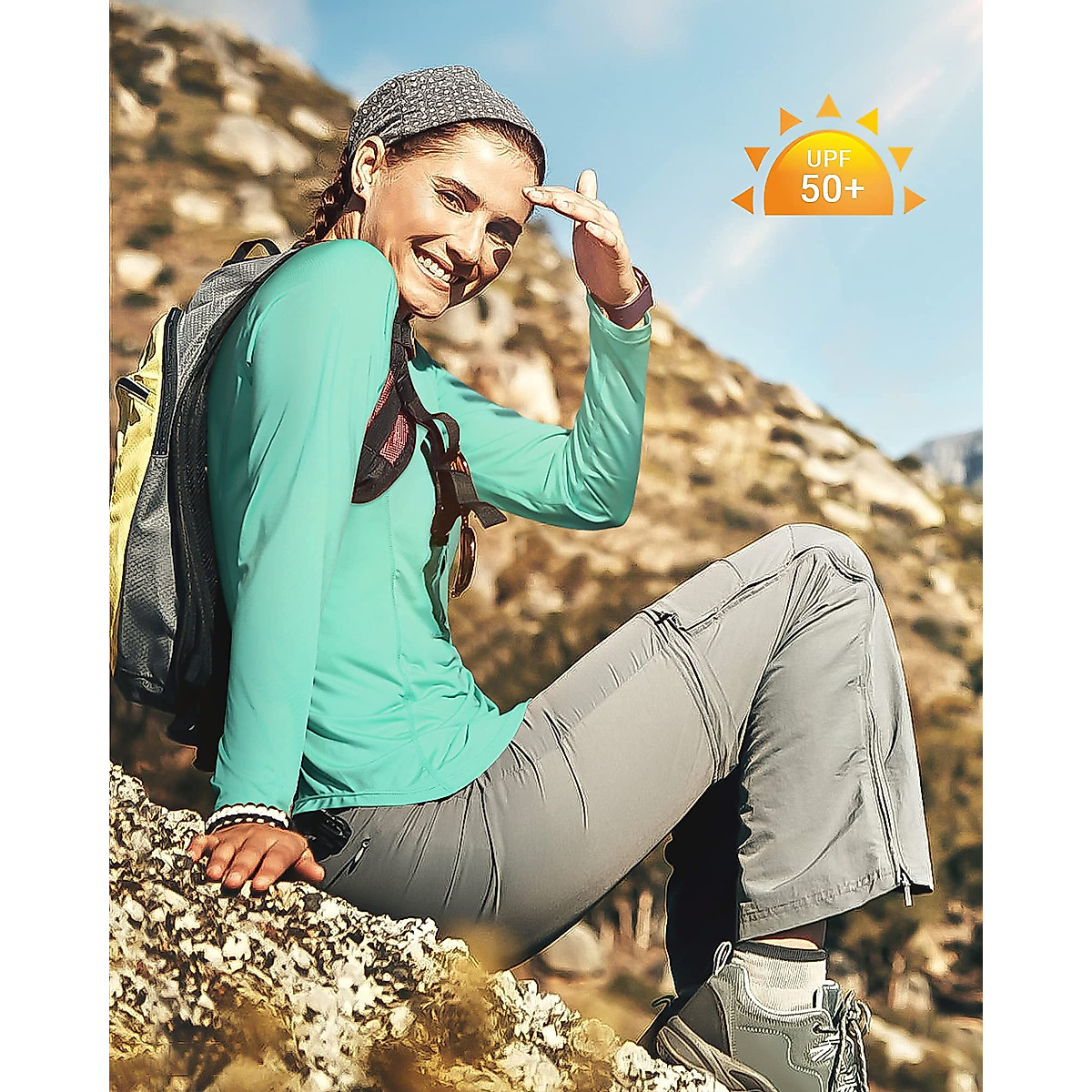 (Size:L) 2 Pack Womens Long Sleeve UV Sun Shirts UPF 50+ Workout Swim Rash Guard Tops