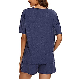 LOCUBE Women's Pajama Sets Soft Comfy Short Sleeve V-Neck Lounge Outfits Pj Set Shorts with Pockets (Navy, Large)