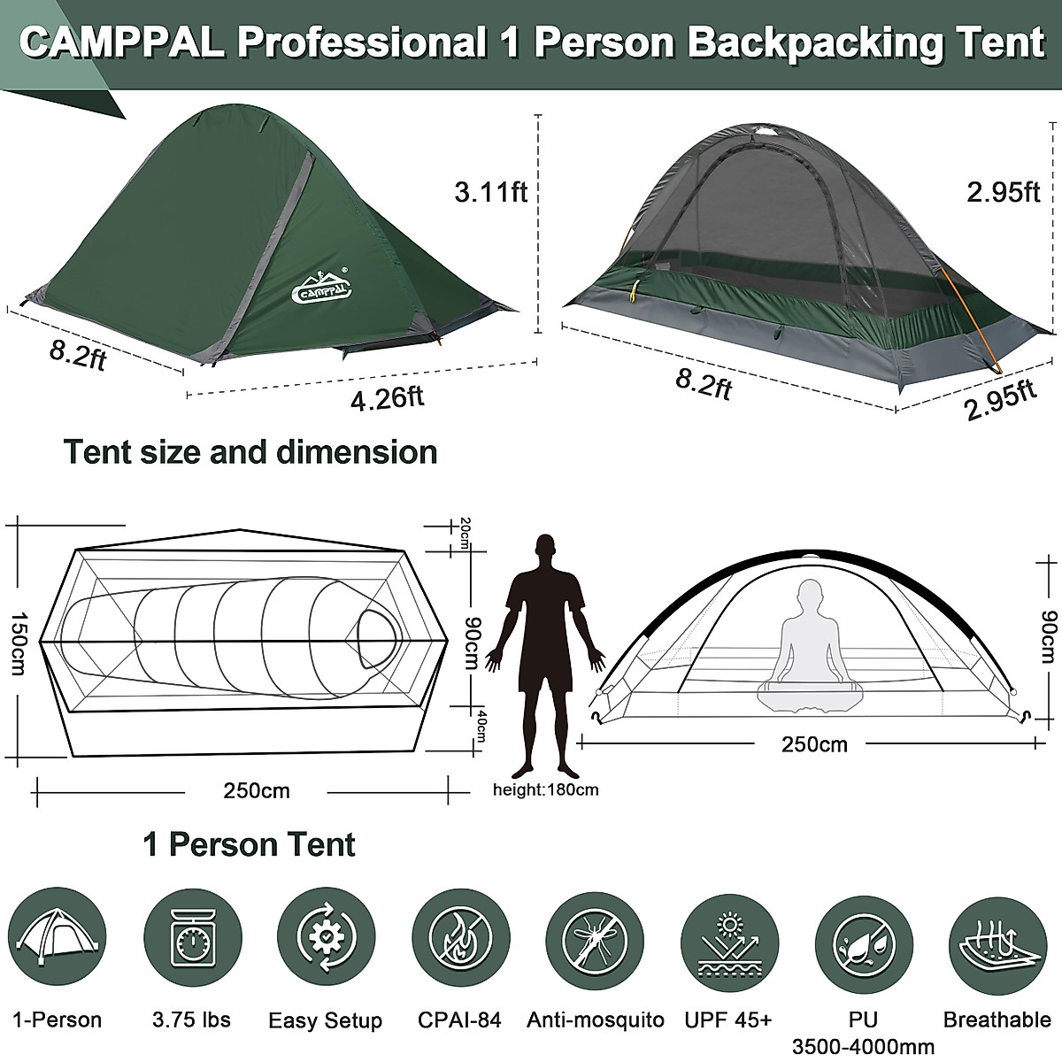 camppal 1 Person Tent for Camping Hiking Mountain Hunting Backpacking Tents 4 Season Resistance to Windproof Rainproof and Waterproof