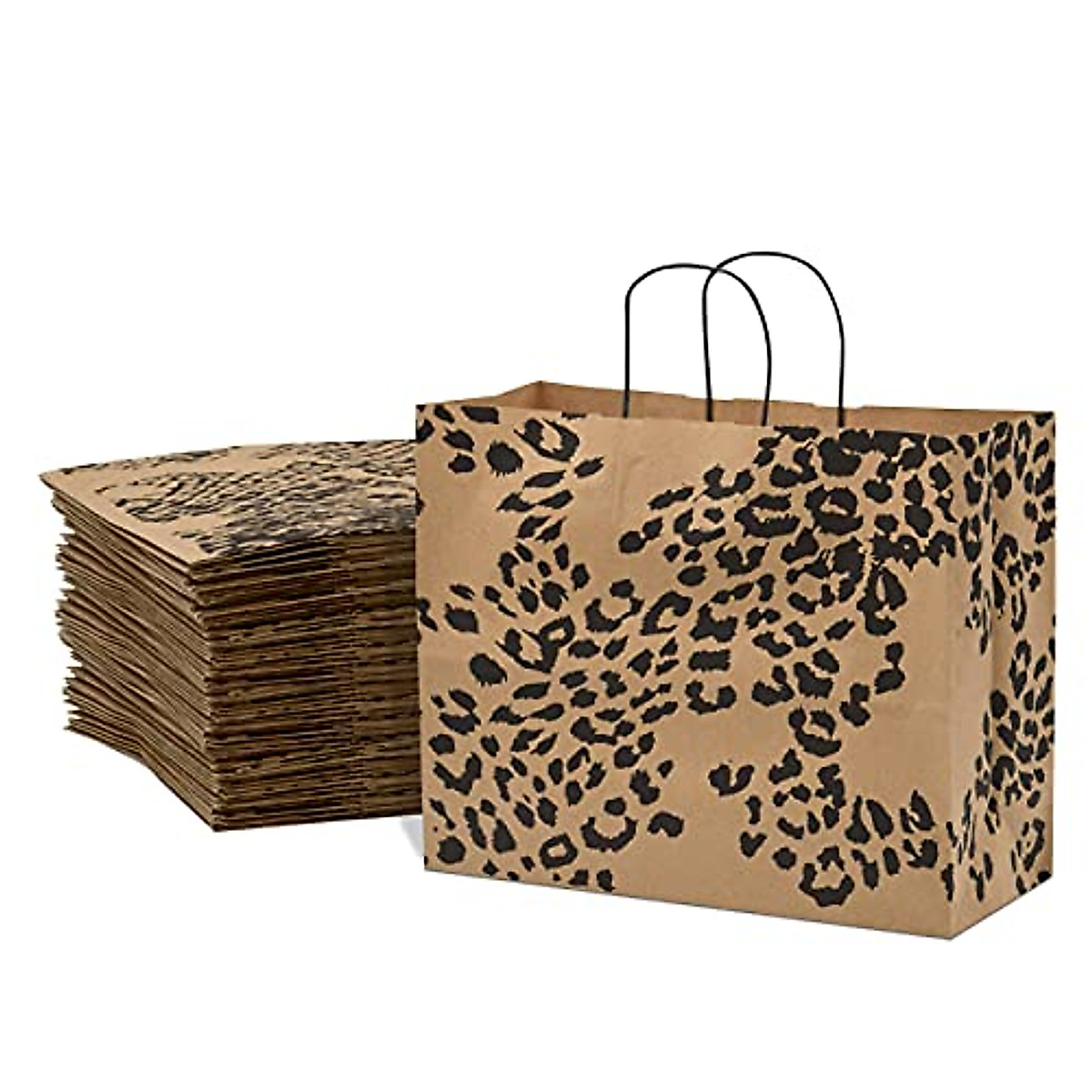 Brown Paper Gift Bags - 16x6x12 Inch 50 Pack Brown Animal Print Large Bags with Handles, Cheetah, Zebra, Leopard, for Shopping, Small Business, Retail Stores, Boutiques, Merchandise, Parties, Events