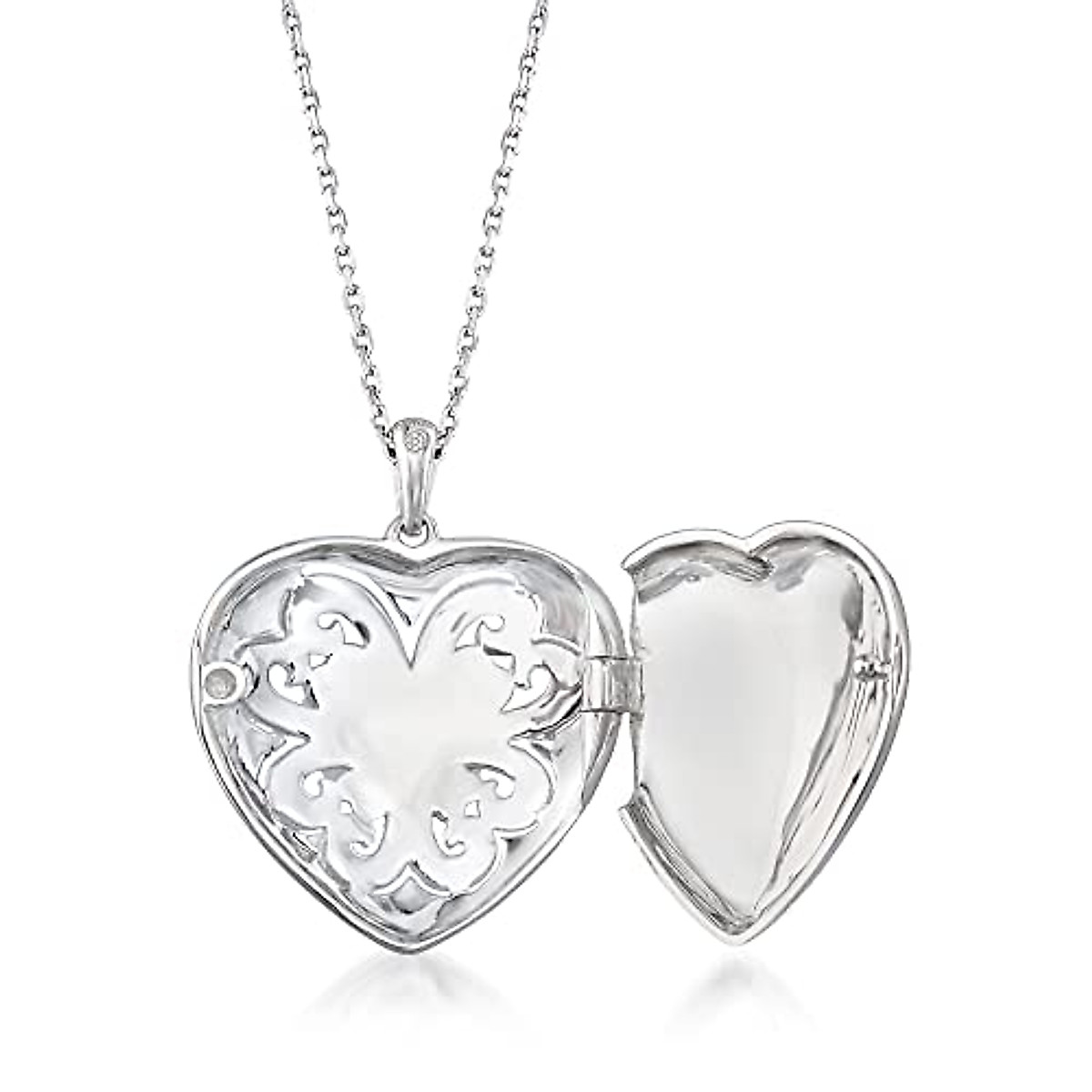 Ross-Simons Sterling Silver Scrolled Heart Locket Necklace With Diamond Accents. 16 inches