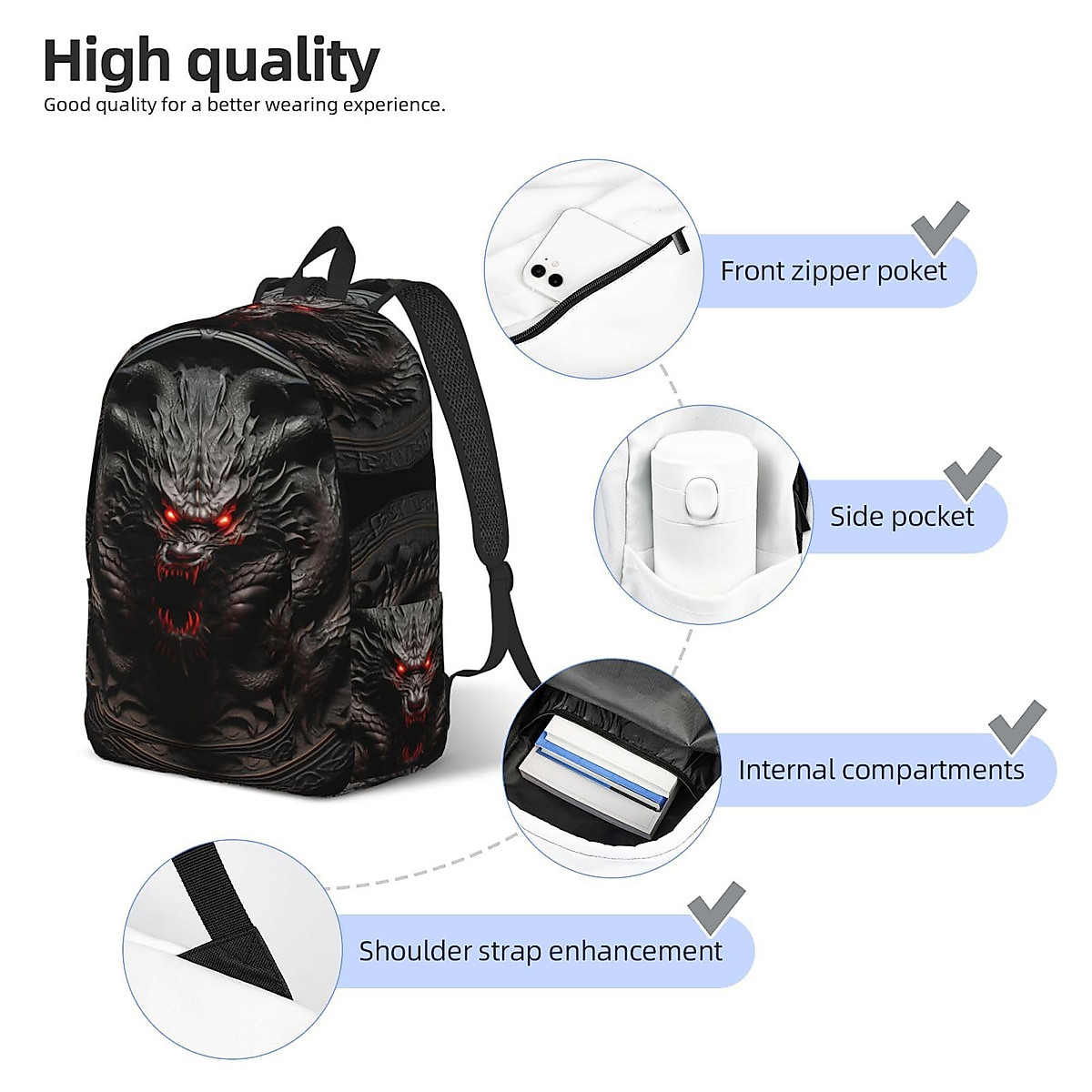 THIRTIMK Black Dragon Casual Large Capacity Backpack, Lightweight Daypack For Work, Travel