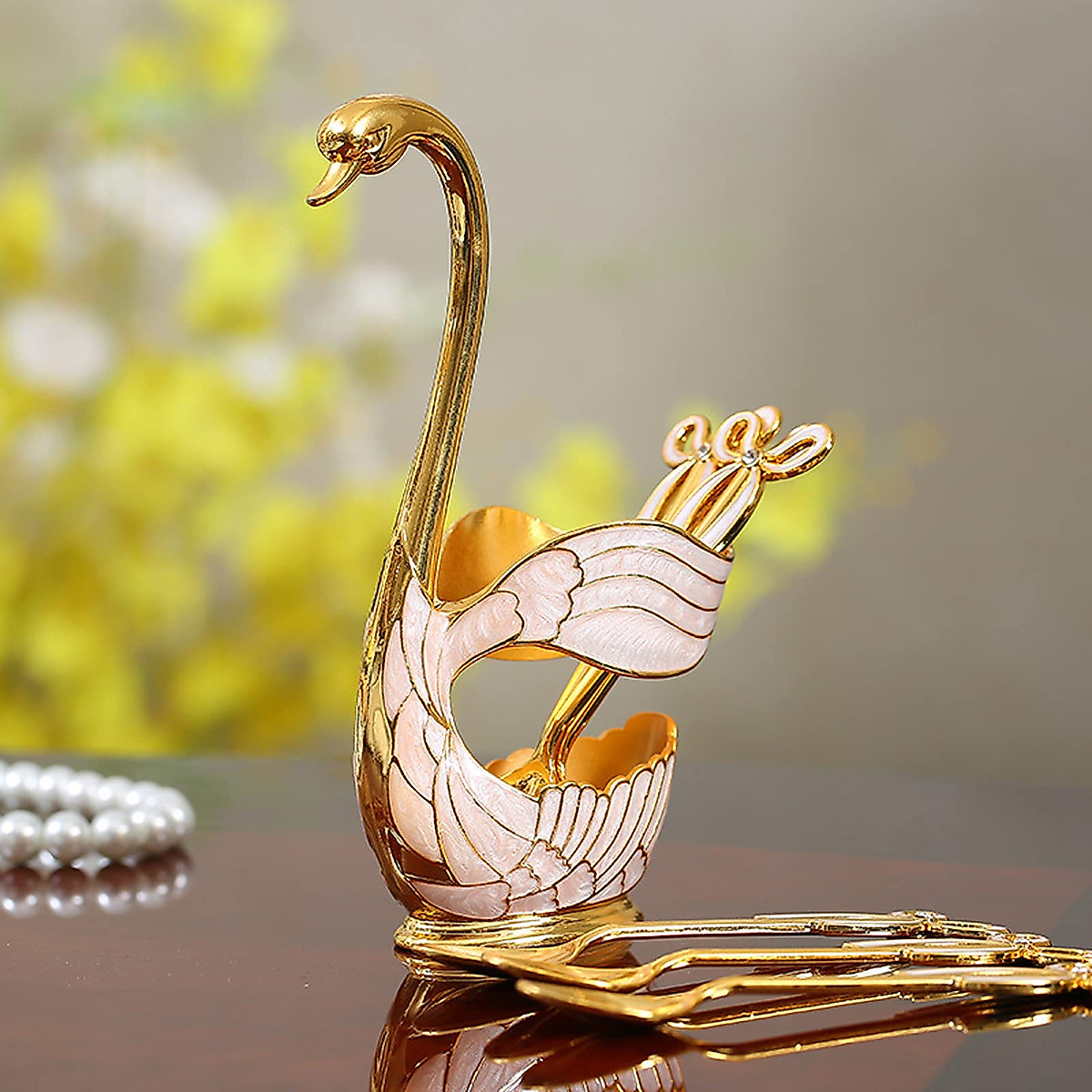 Metal Spoon Set Includes Swan Base Holder And 6 Spoons, Coffee Dessert Flatware Dinnerware Set With Organizer (Gold)