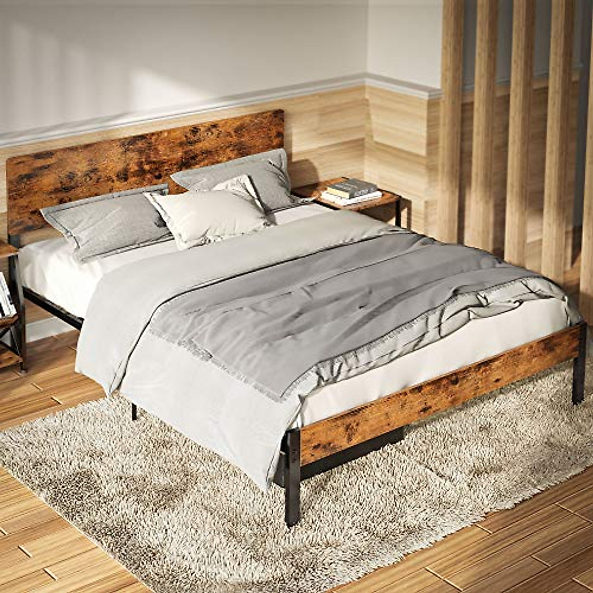 LIKIMIO Queen Bed Frame with Headboard, Strong Steel Slat Support, Tool-Free Assembly, Underbed Storage Space, No Box Spring Needed